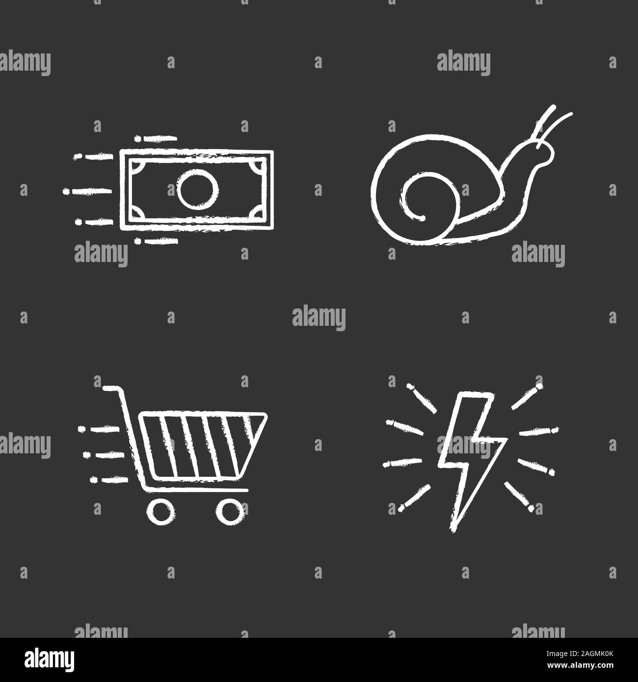 Motion chalk icons set. Speed. Lightning bolt, snail, flying paper ...
