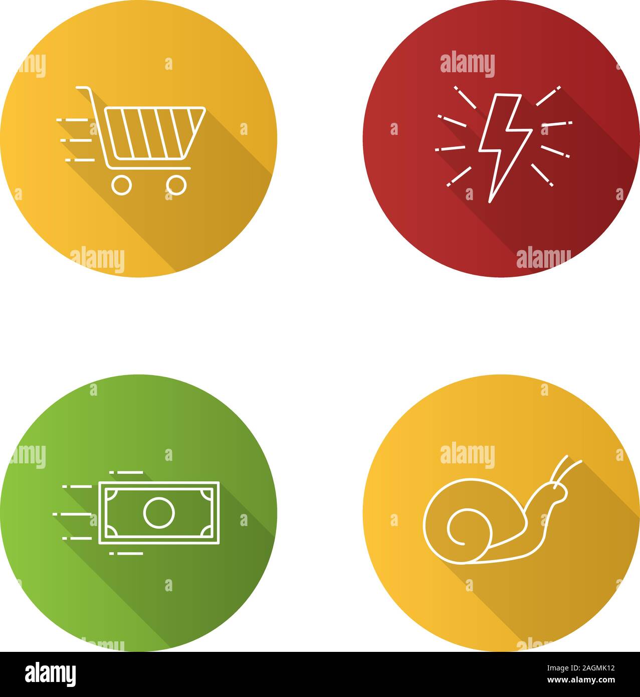 Motion flat linear long shadow icons set. Speed. Lightning bolt, snail ...