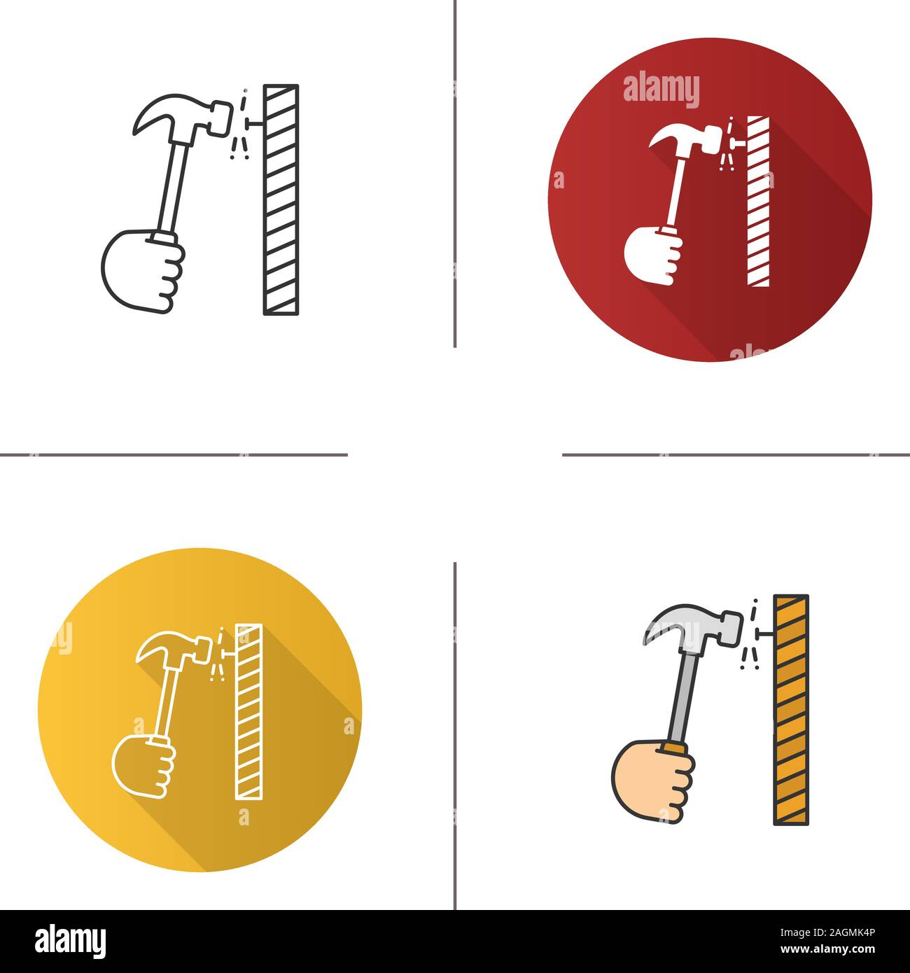 Hand hammering nail icon. Builder's hand. Flat design, linear and color ...