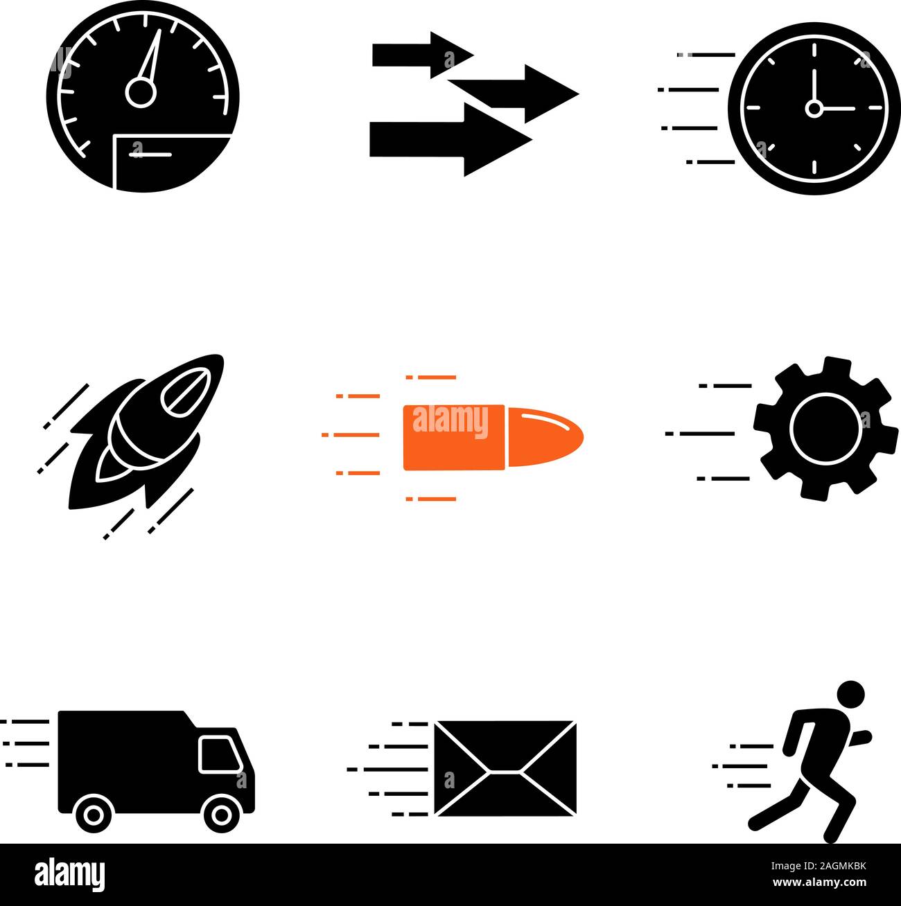 Motion glyph icons set. Speed. Flying clock, startup, bullet, cogwheel ...