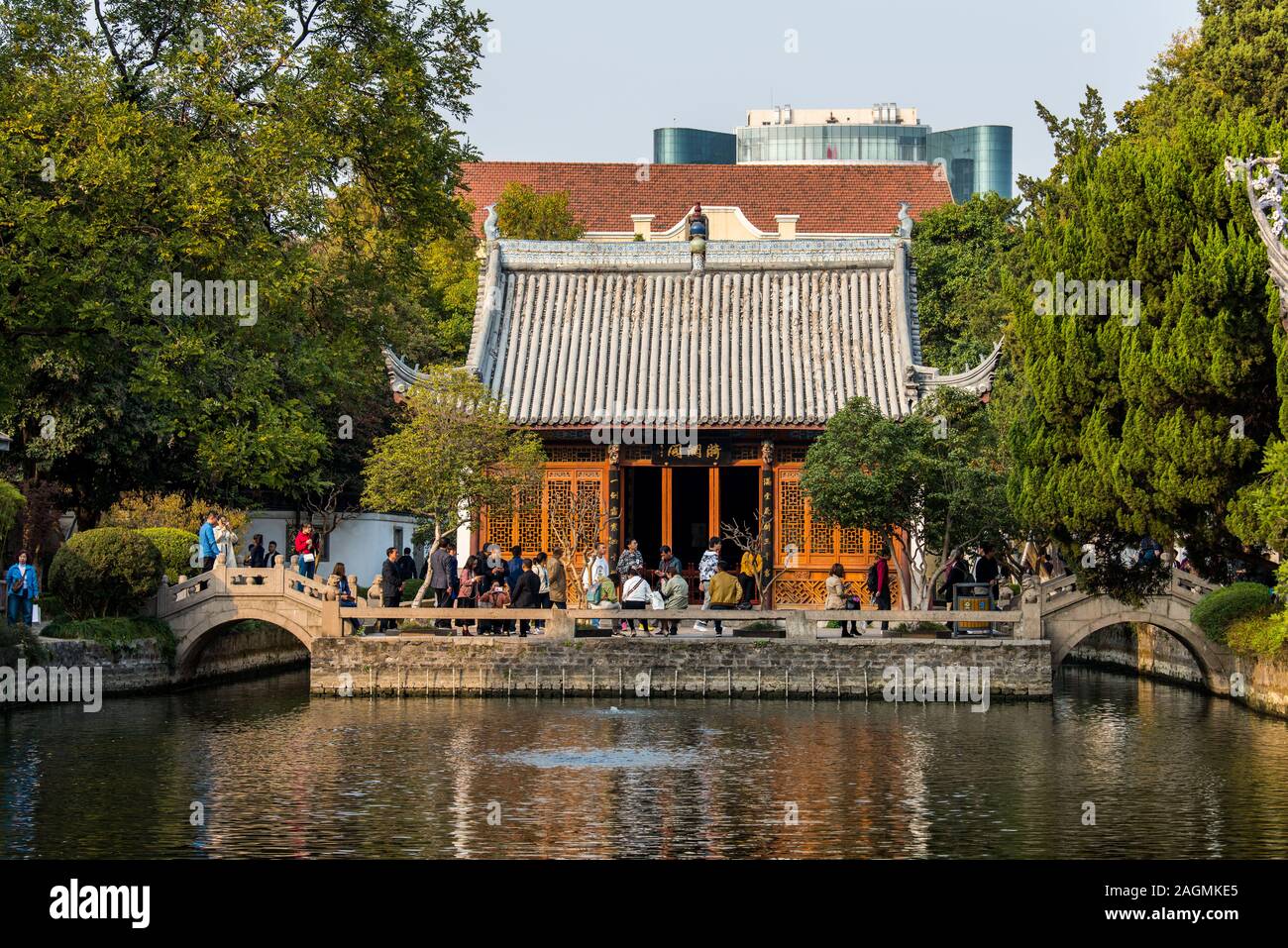 Traditional Chinese pavilion and lake inside of the Presidential Palace ...