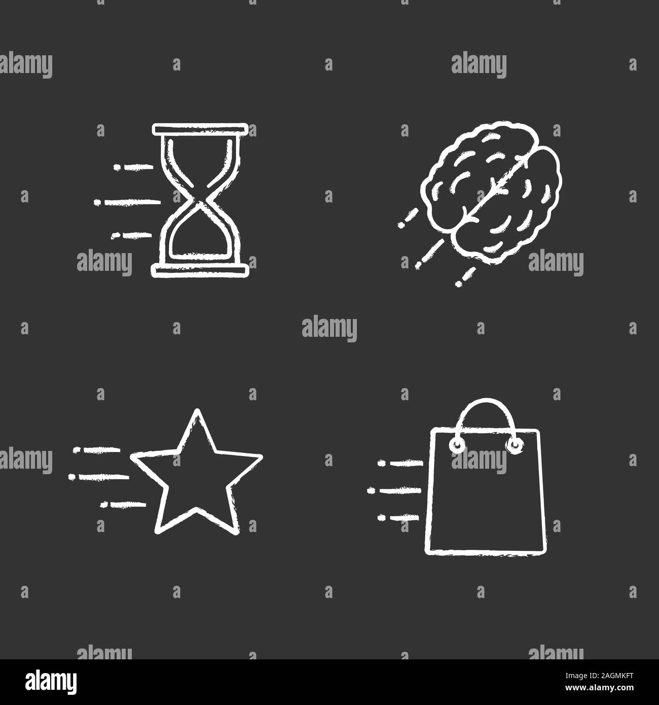 Motion chalk icons set. Speed. Flying hourglass, shopping bag, star ...