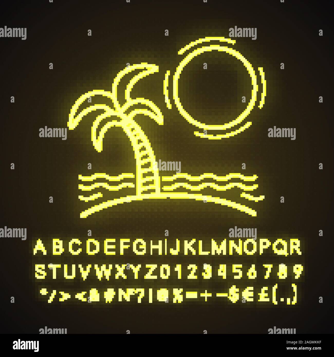 Island neon light icon. Seashore. Beach with palm tree, waves and sun ...
