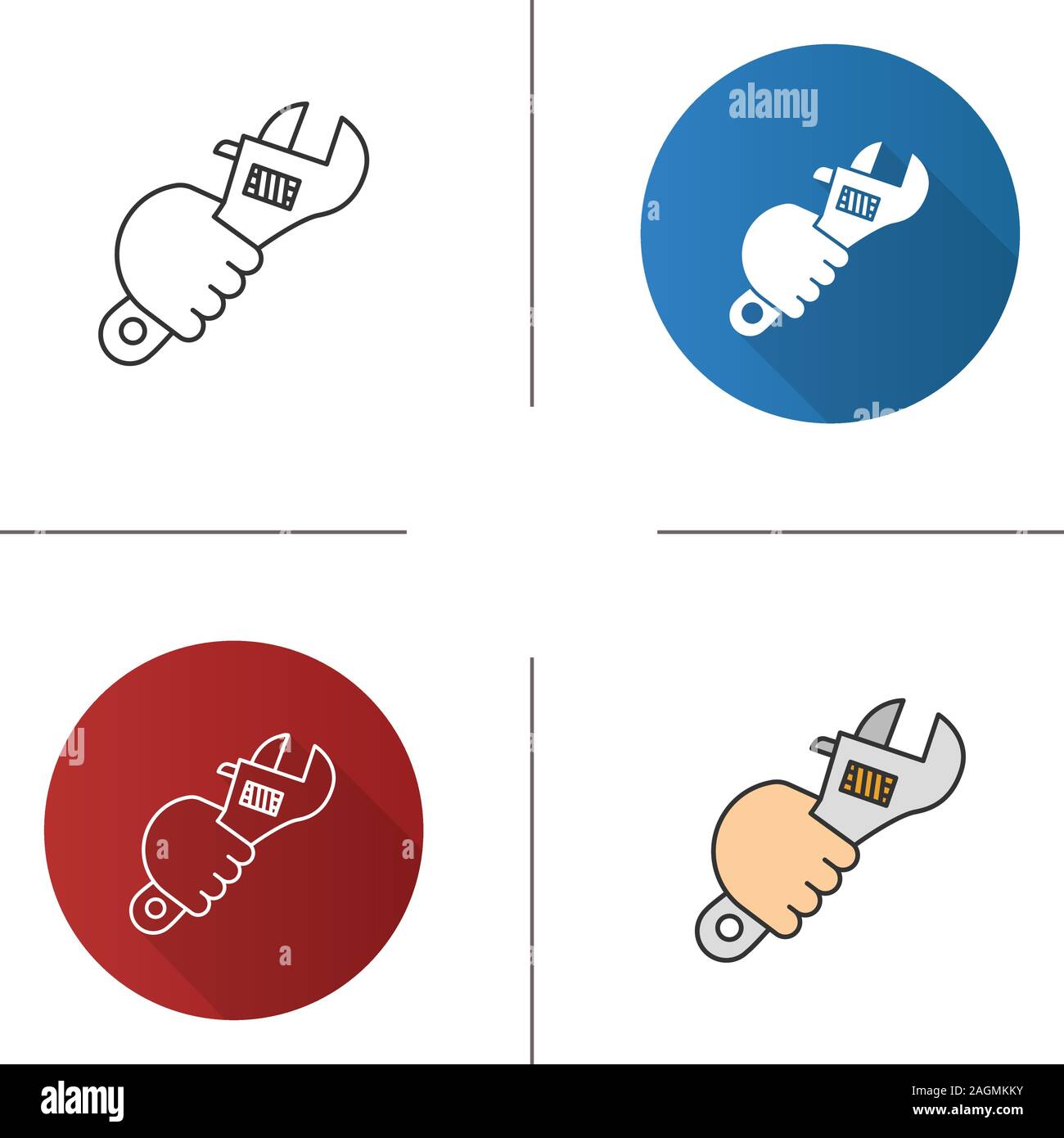 Hand holding wrench icon. Combination spanner turning bolt. Flat design ...