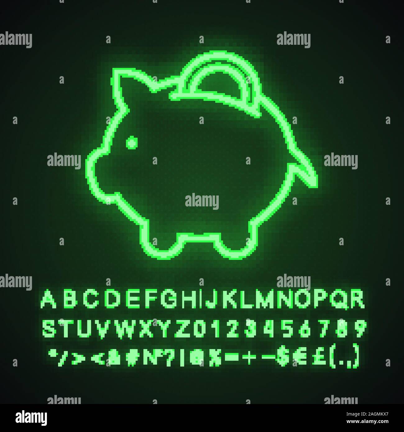Piggy bank neon light icon. Glowing sign with alphabet, numbers and ...