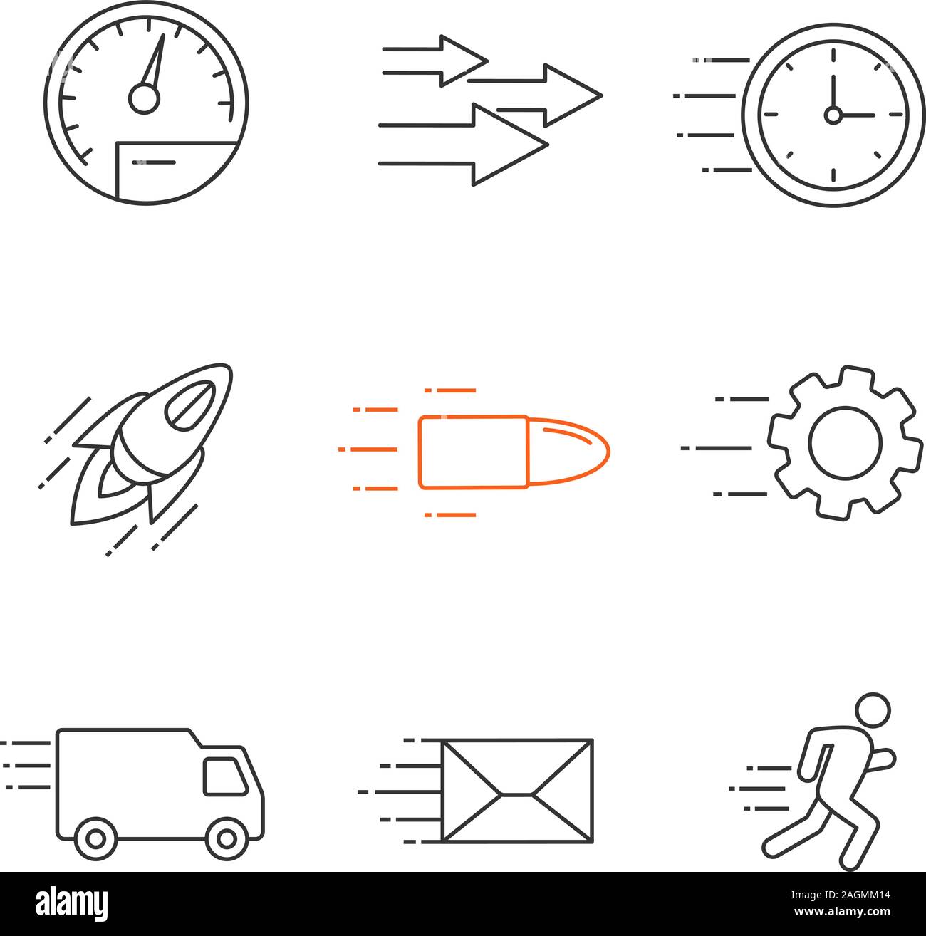 Motion linear icons set. Speed. Flying clock, startup, bullet, cogwheel ...
