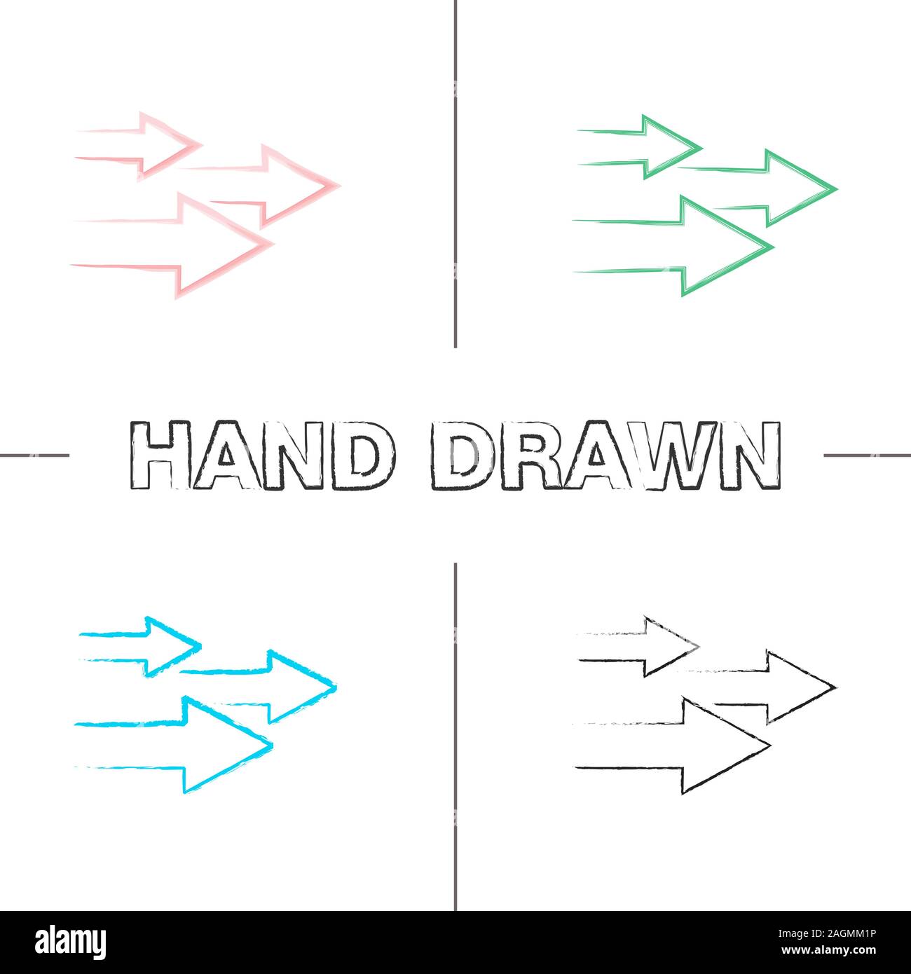 Speed arrows hand drawn icons set. Fast motion. Color brush stroke ...