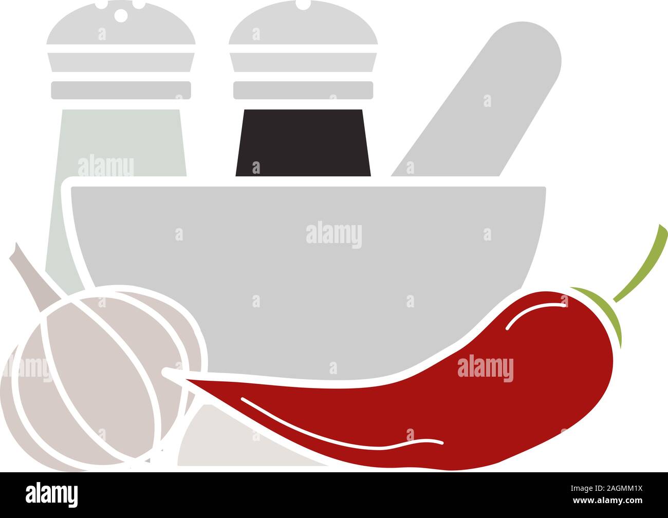 Spices glyph color icon. Salt and pepper shakers, garlic, chili, mortar ...