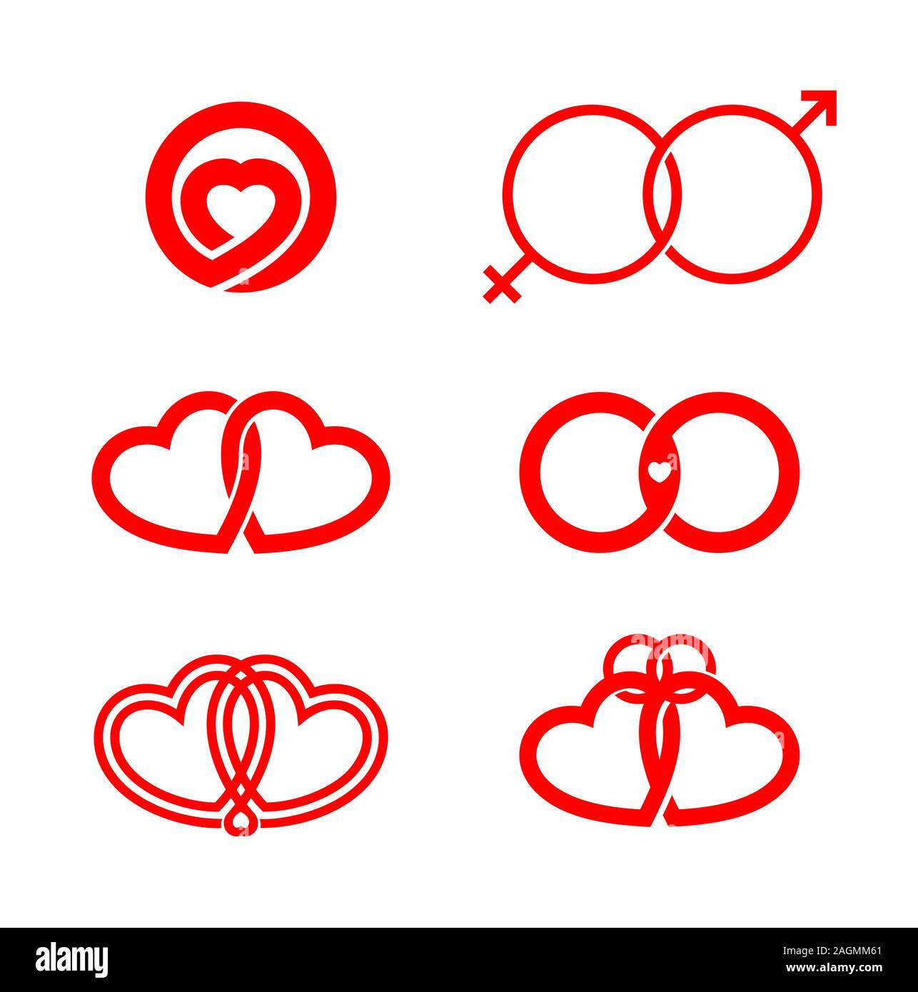 Newlyweds symbols, wedding signs, red rings and hearts, man and woman ...