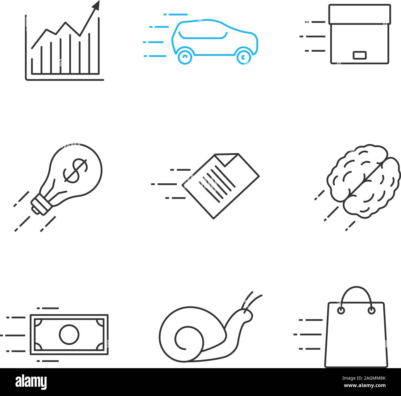 Motion linear icons set. Speed. Chart, snail, car, flying parcel, file ...
