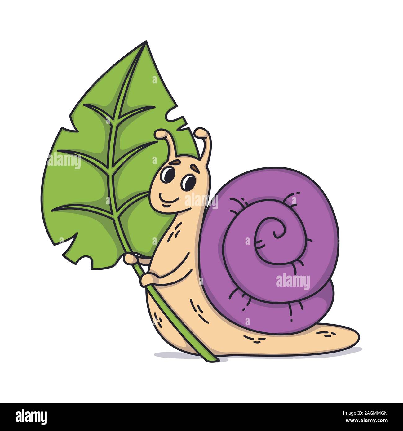 Snail holding a leaf. Vector cute illustration isolated on white ...