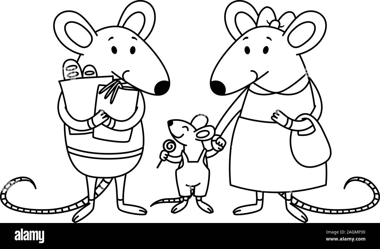 Rat family. Dad holds packages with purchases from the store, mom holds ...