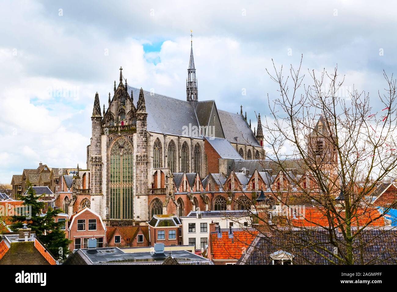 Leiden aerial view and Pieterskerk cathedral church, Holland, the ...