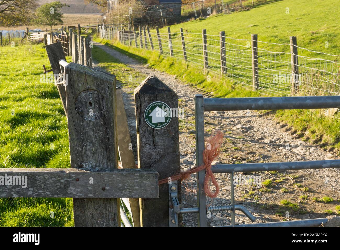 Walking guide post or waymarker on a walking trail at Llyn Brenig ...