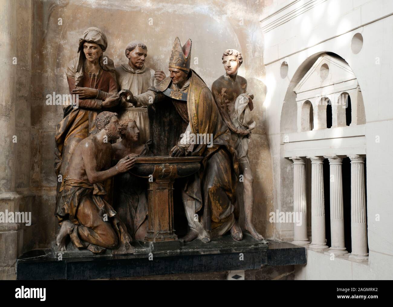 Ancient religious sculpture in a church in Troyes, France Stock Photo ...