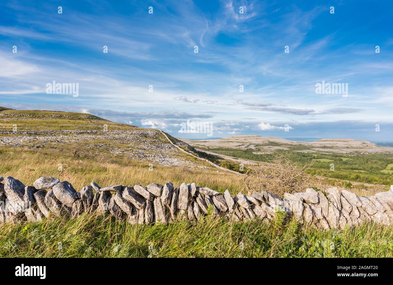 Calcareous grassland and limestone pavement on a hill with stone walls ...