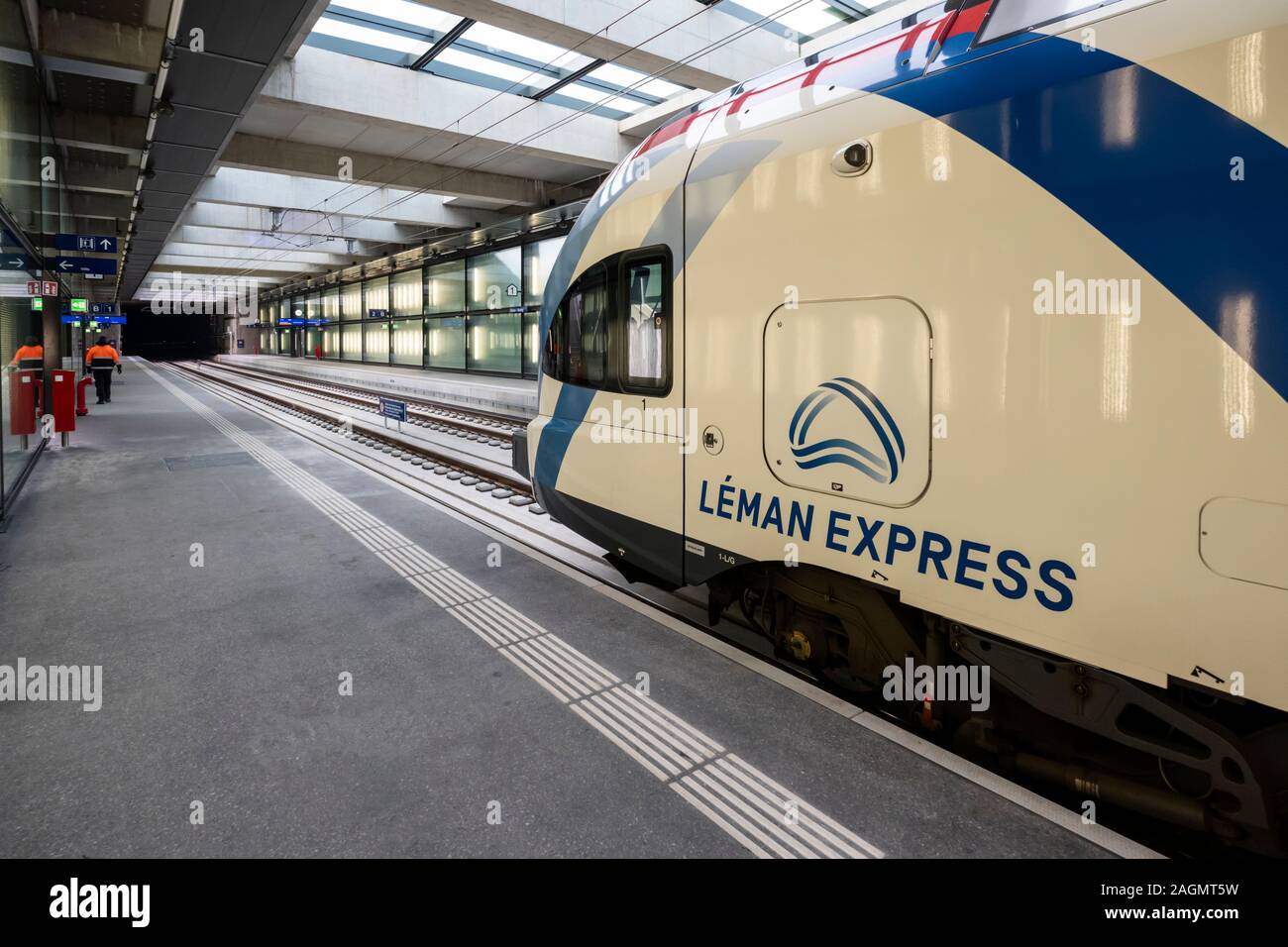 Geneva / Switzerland: a station of The Léman Express. A commuter rail ...