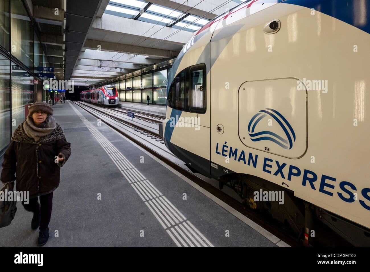 Geneva / Switzerland: a station of The Léman Express. A commuter rail ...