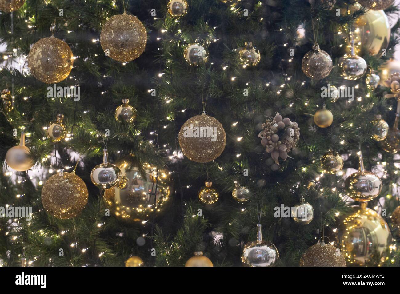 Christmas tree background , baubles and branch of spruce tree Stock ...