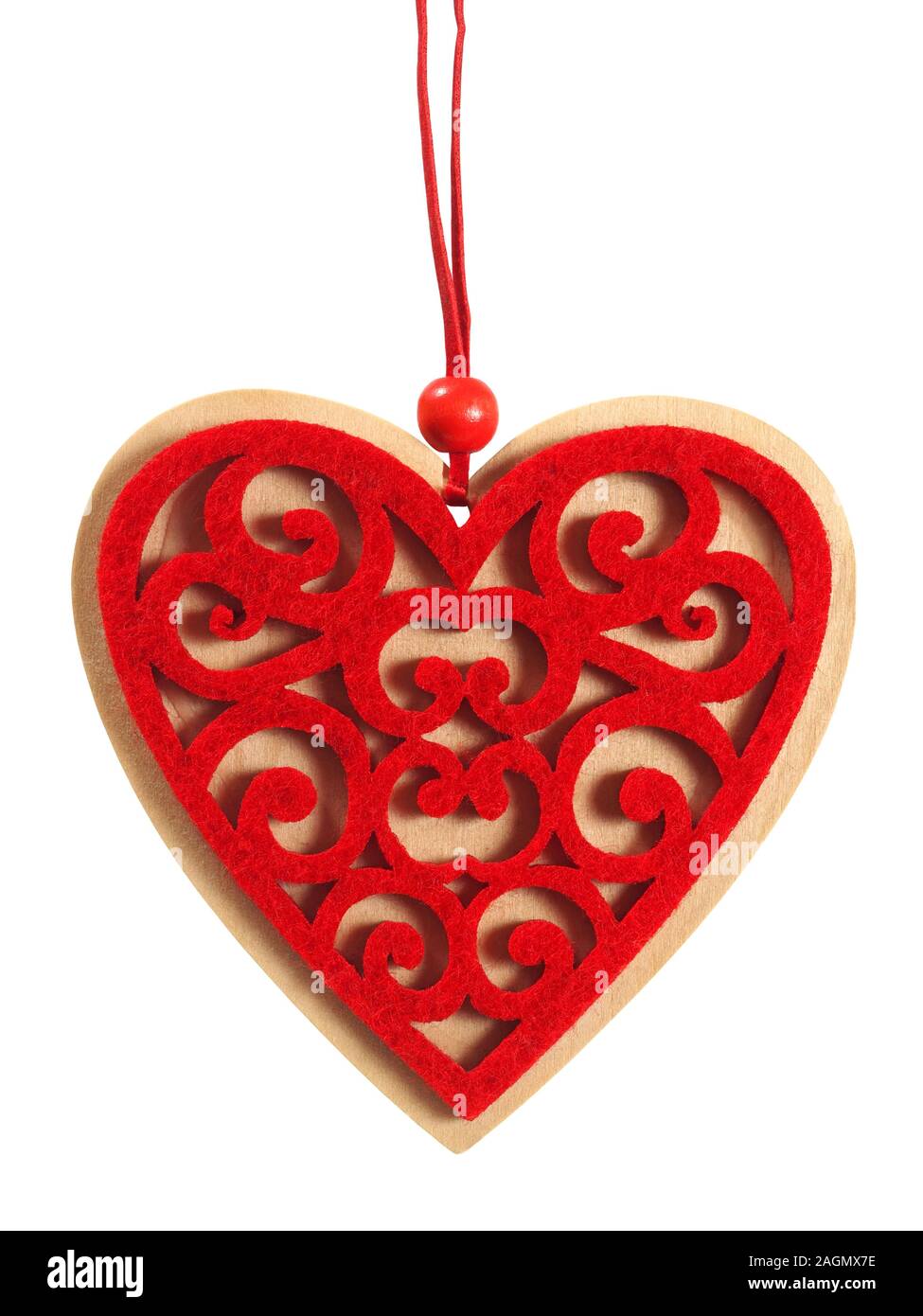 Red wooden heart with string on white background Stock Photo - Alamy