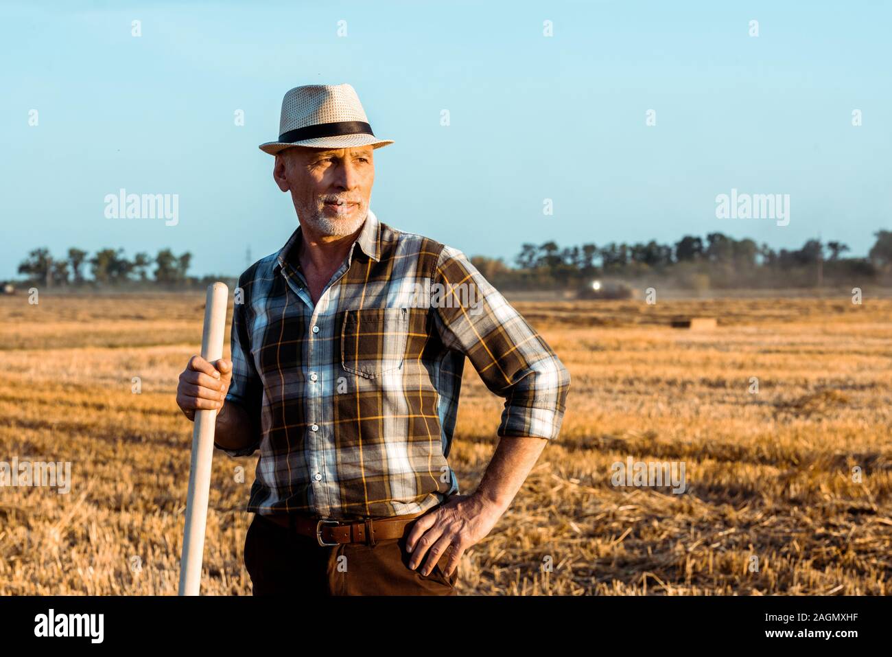 happy self-employed man holding rake while standing with hand on hip in ...