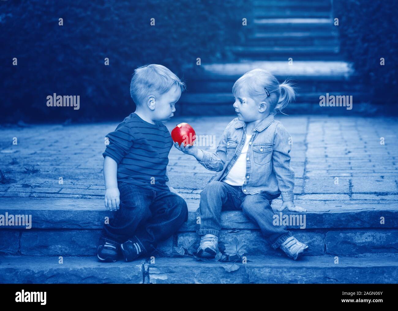 Two Caucasian cute adorable funny children toddlers sitting together sharing red apple food ...