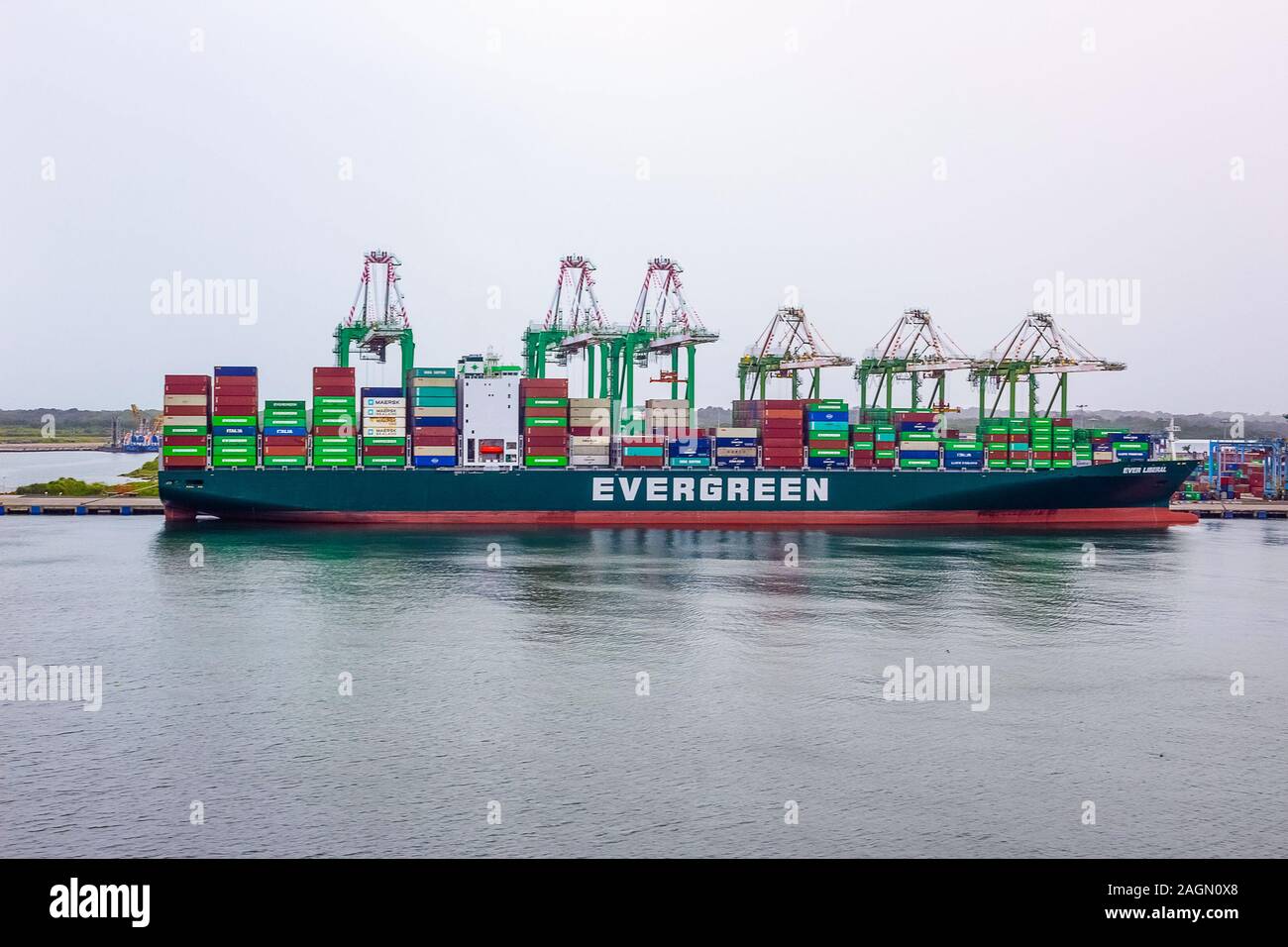 Colon, Panama - December 8, 2019: Evergreen container ship with full of ...