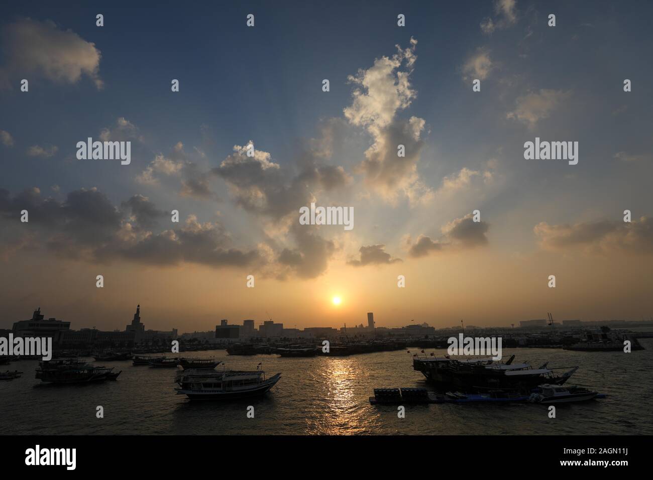 December 19, 2019, Doha, QATAR: Sunset View of Dhow Harbor in Doha ...