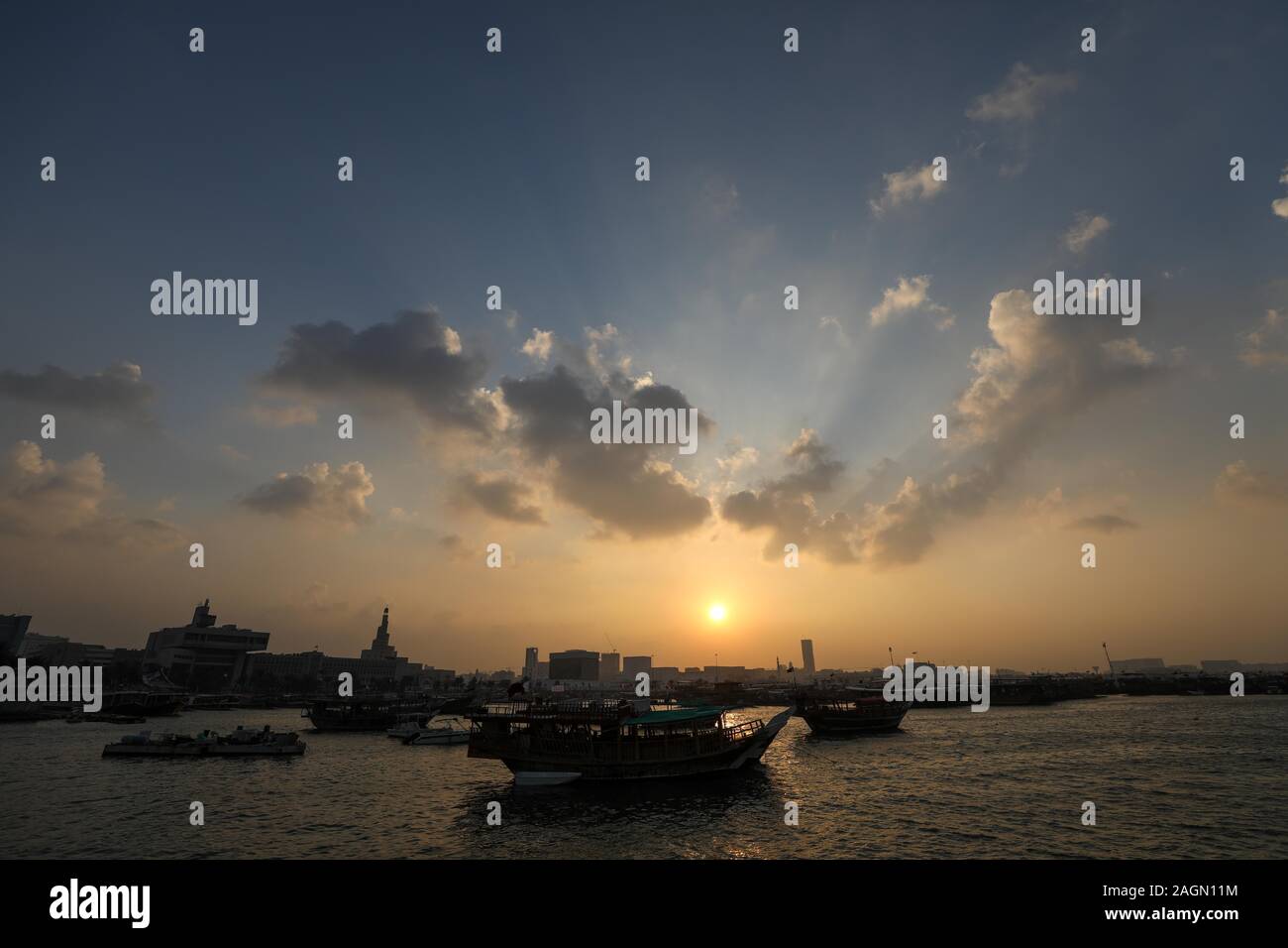 December 19, 2019, Doha, QATAR: Sunset View of Dhow Harbor in Doha ...