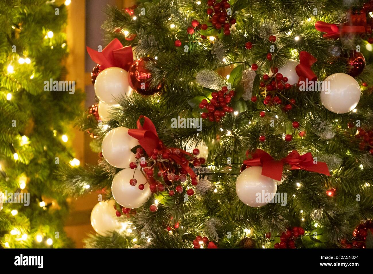 Christmas tree background , baubles and branch of spruce tree Stock ...