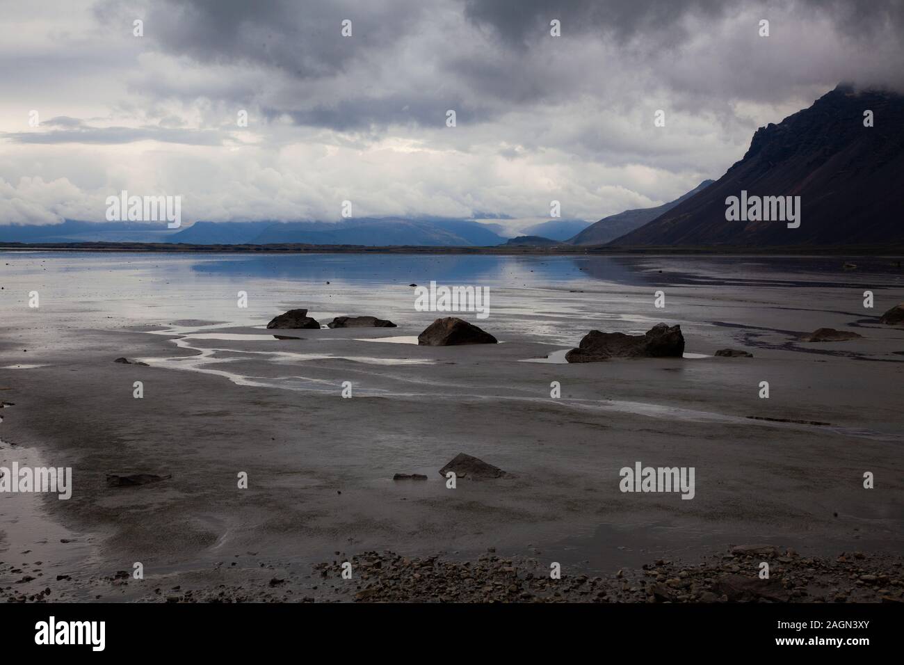 Southern Icelandic coastline near Vik with black sand beaches as a ...