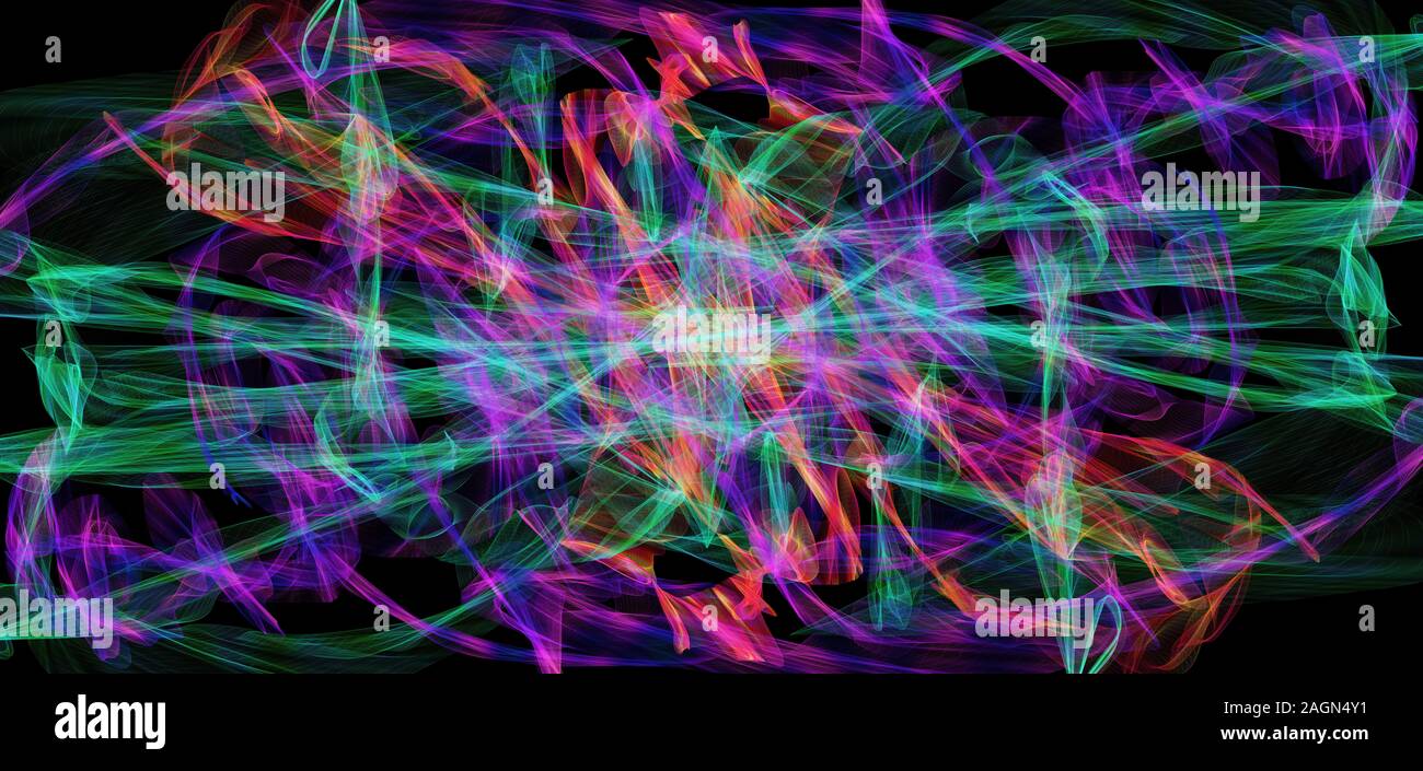 abstract chaotic wave lines energy glow multicolor on black background ...