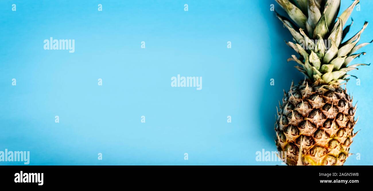 Top view of pineapple border on bright blue background. Trendy summer ...