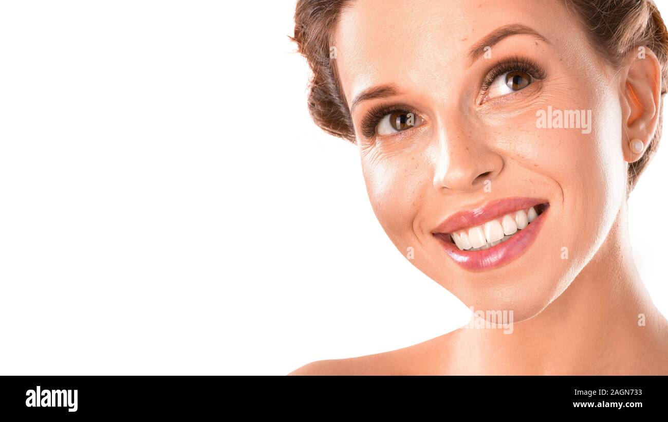 Beautiful smiley woman on white background. Perfect teeth Stock Photo ...
