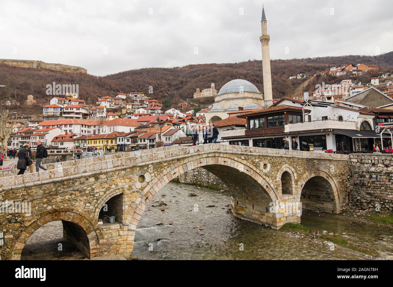Stone bridge, Bistrica river and the Old bazaar, Prizren, Kosovo Stock ...