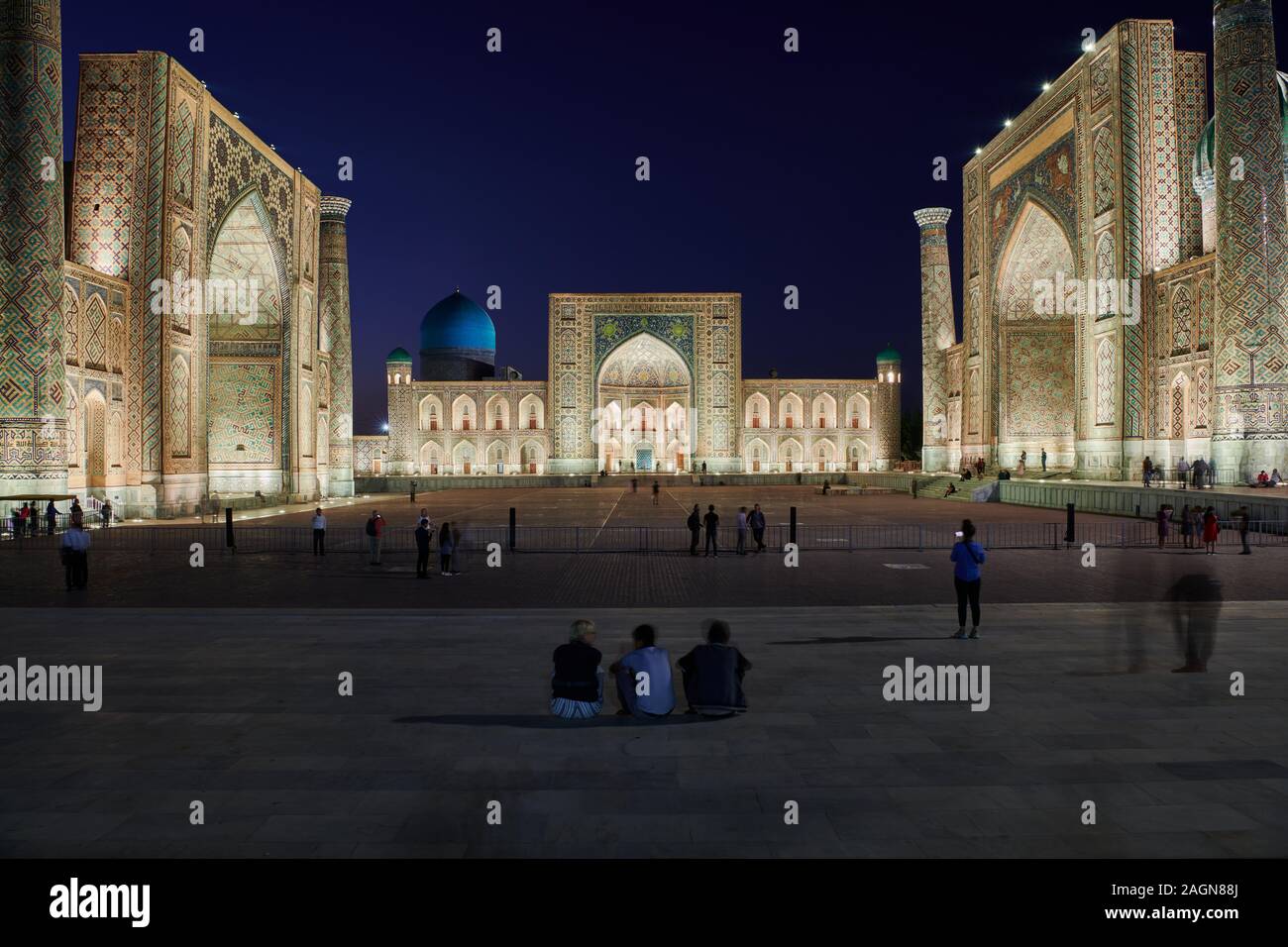 illuminated famous Registan of Samarkand, Uzbekistan, Central Asia ...