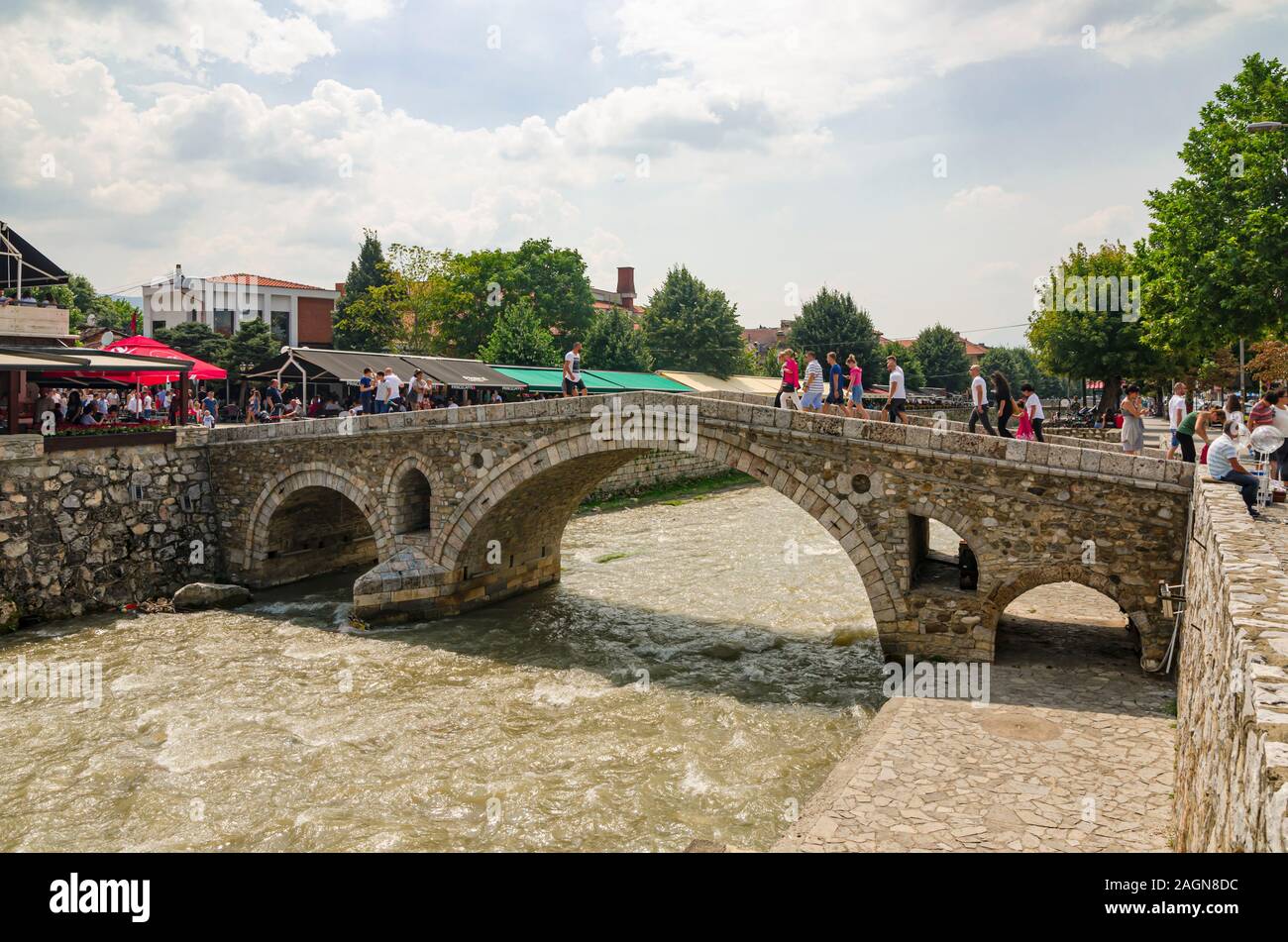 Stone bridge, Bistrica river and the Old bazaar, Prizren, Kosovo Stock ...