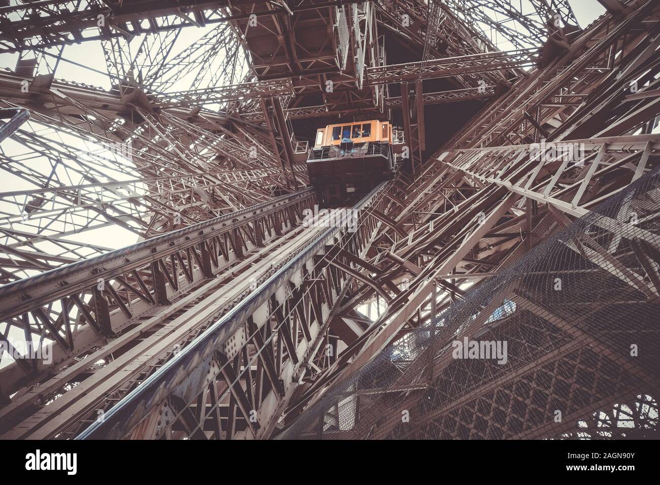 Eiffel Tower structure and elevator view from inside, Paris, France ...