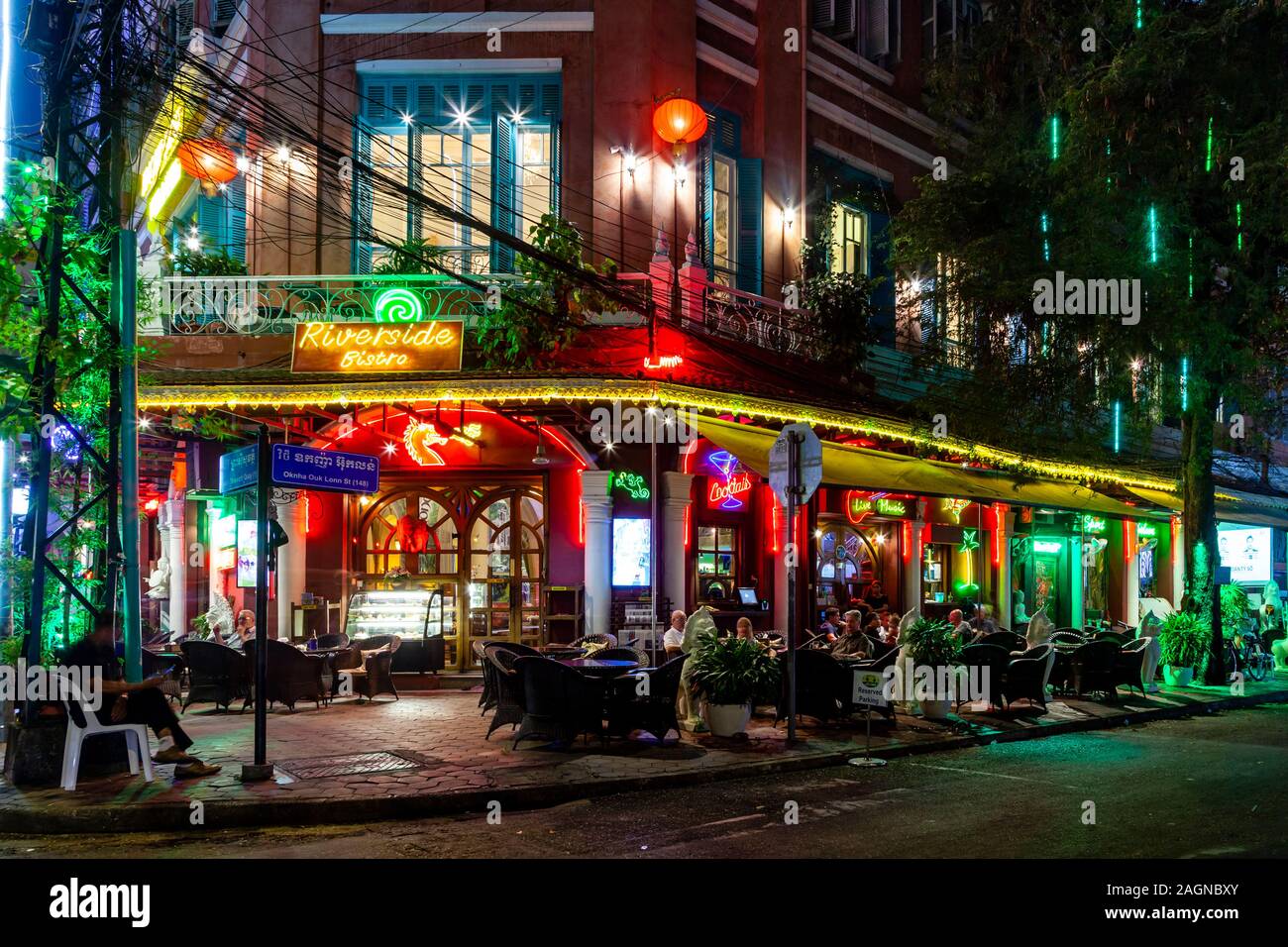 The Riverside Bistro Cafe At Night, Phnom Penh, Cambodia Stock Photo ...