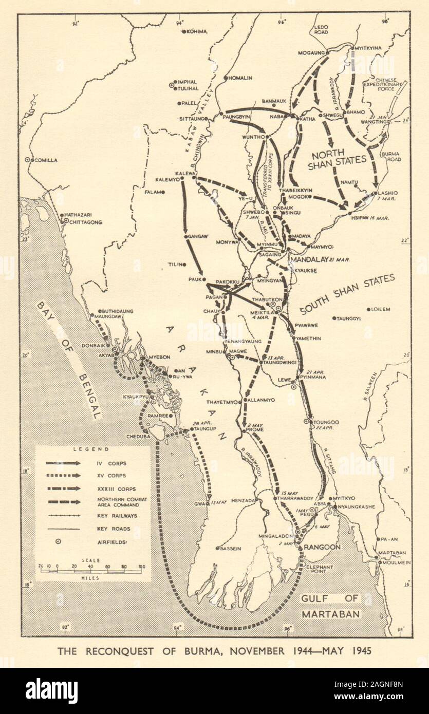 Reconquest of Burma November 1944-May 1945. World War 2. Myanmar 1954 old map Stock Photo - Alamy