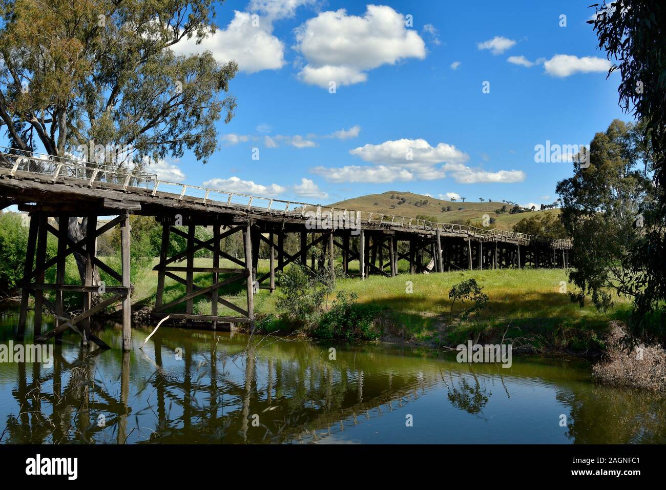 Australia, old wooden railway bridge from 19th century in Gundagai ...