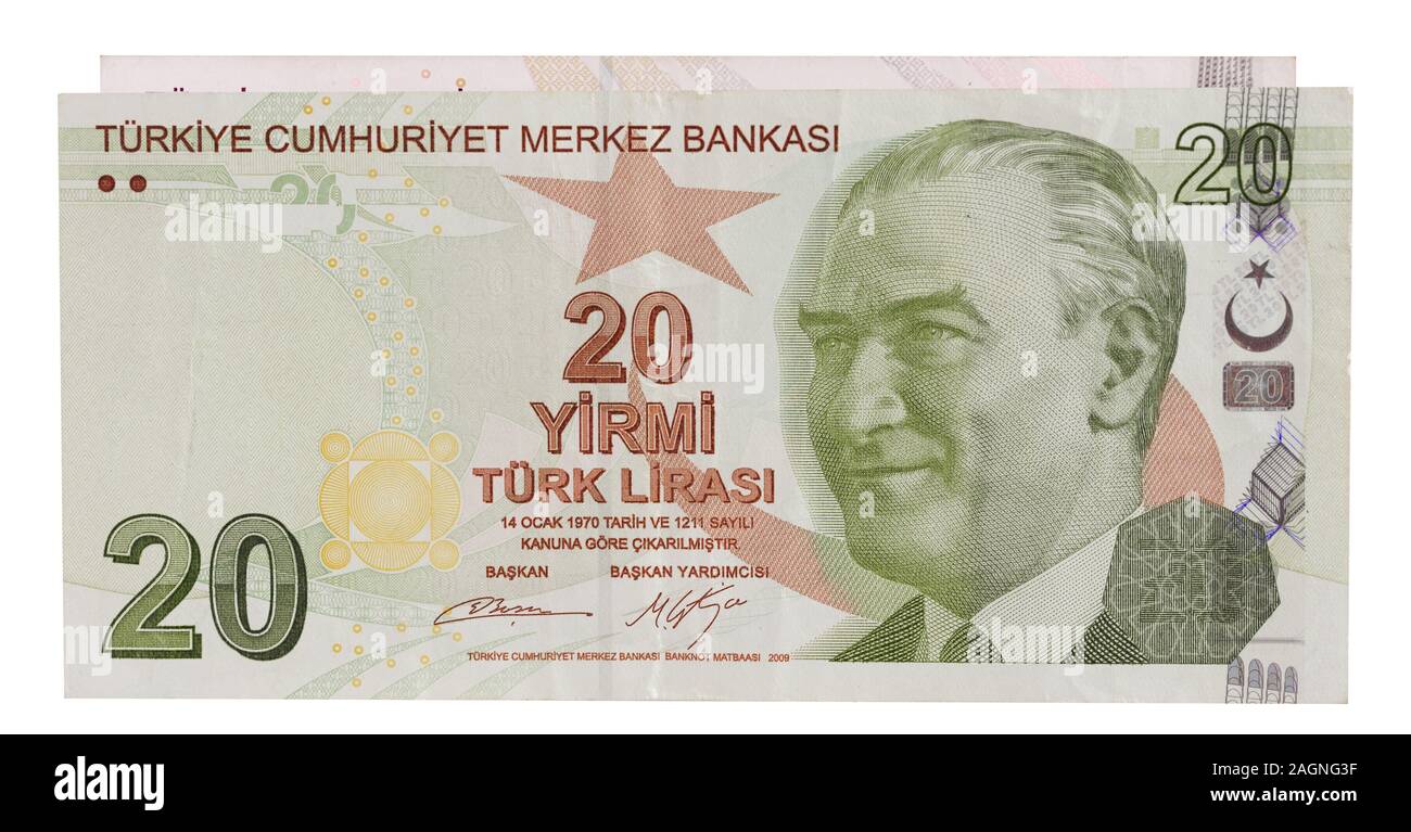 Some of the Turkish banknotes. 20 Turkish Lira front side, other coins ...