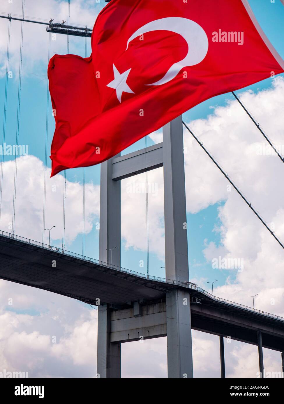 Istanbul ,Turkey - October 2019 : Turkish flag waving floating under ...