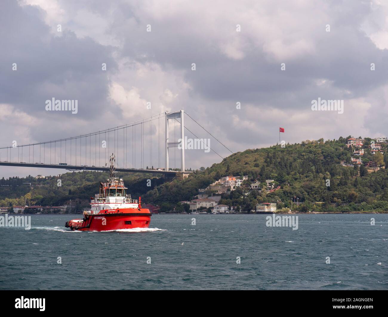 Bosphorus , Istanbul ,Turkey - October 2019 : Red tourist ship sailing ...