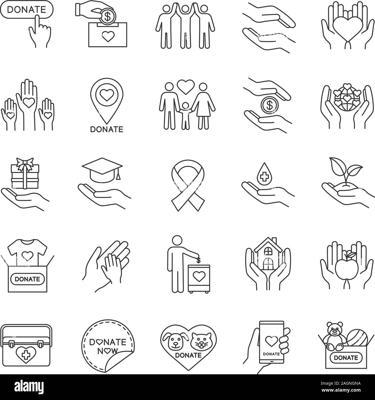 Charity linear icons set. Thin line contour symbols. Donation ...