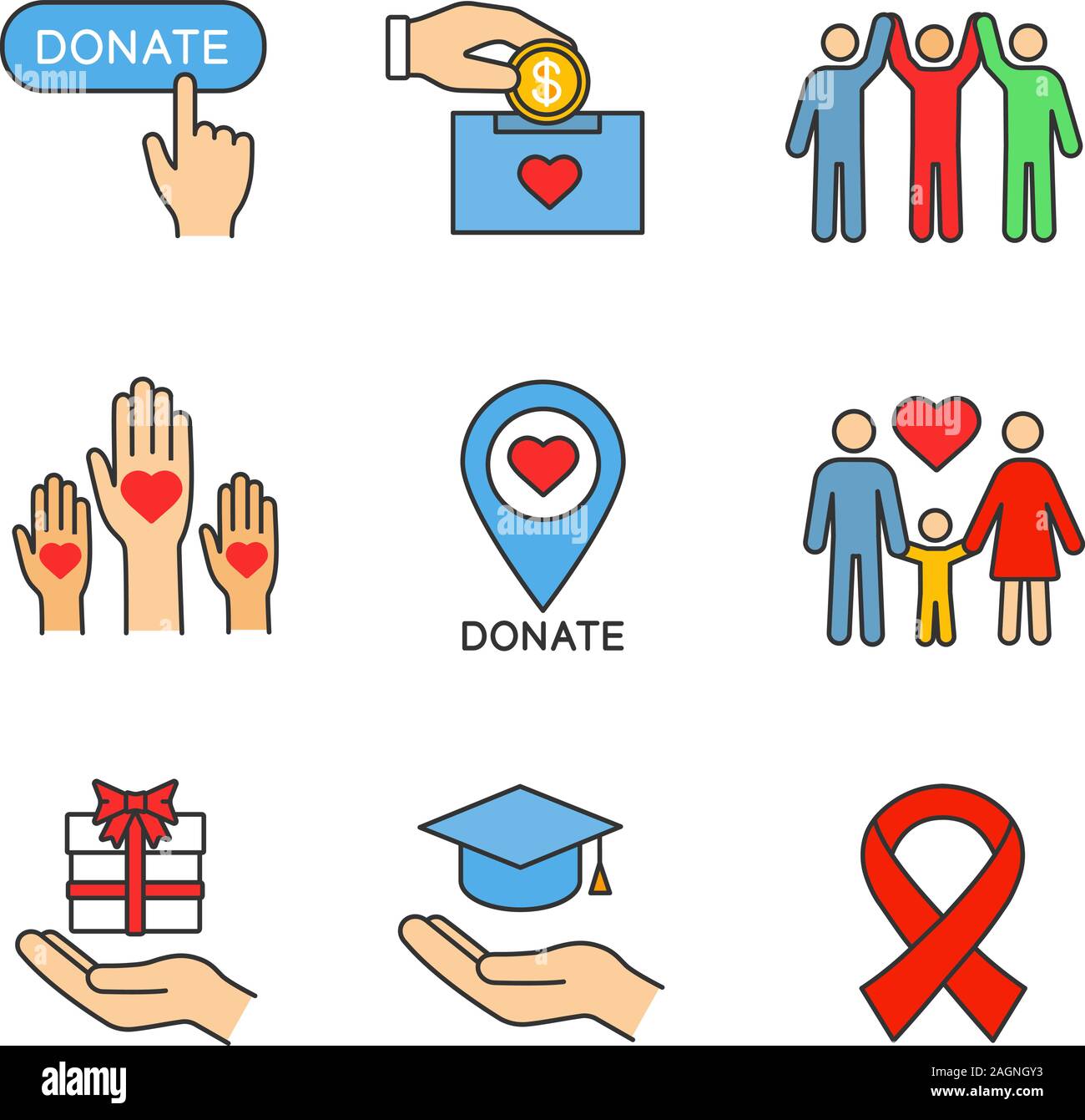 Charity color icons set. Donate button, fundraising, charity ...