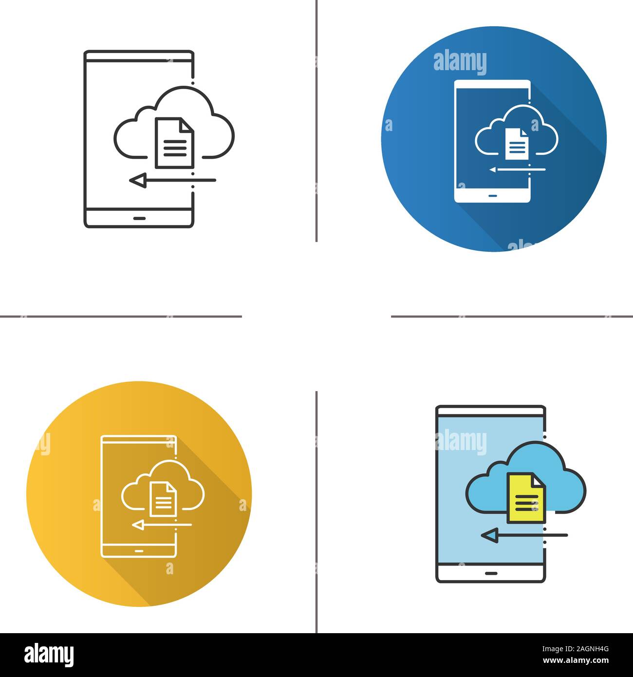Smartphone cloud storage icon. File downloading. Mobile cloud computing. Flat design, linear and ...