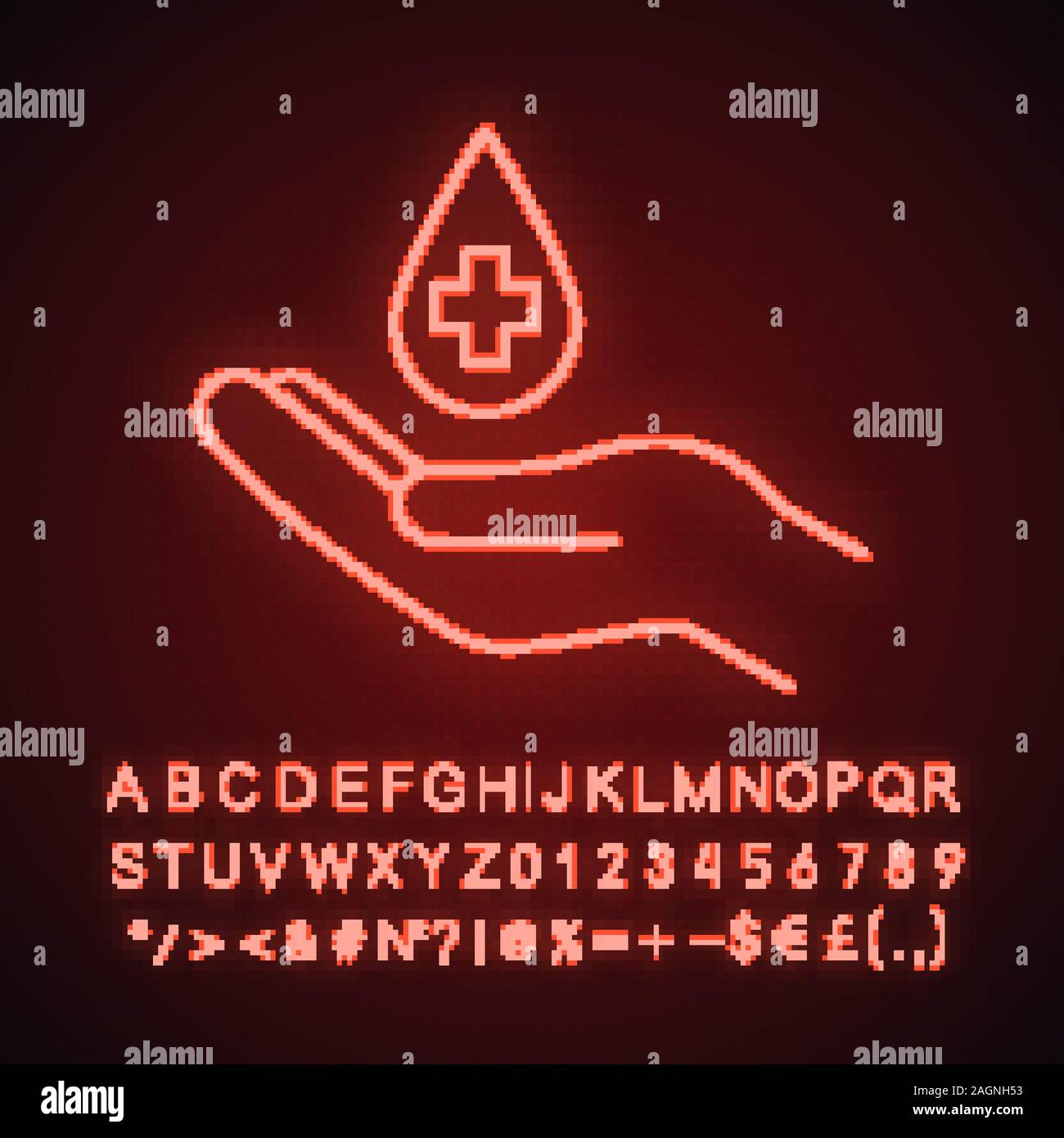 Blood donation neon light icon. Glowing sign. Hand holding liquid drop ...