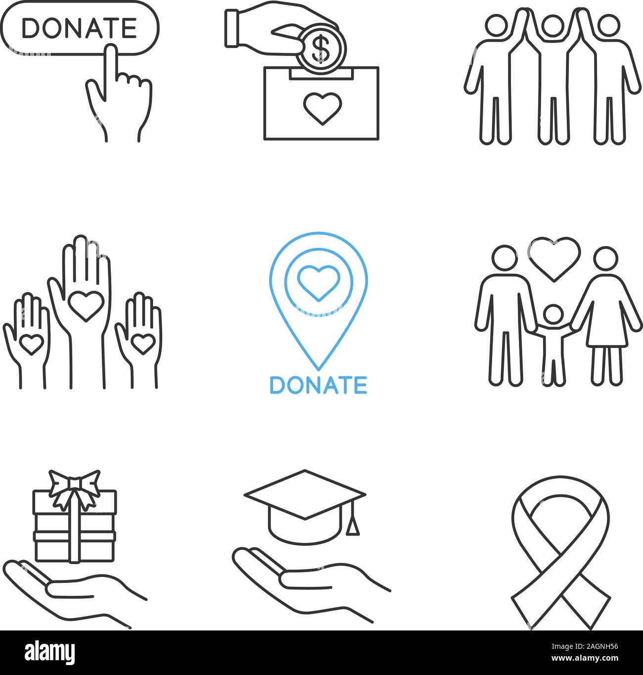 Charity linear icons set. Thin line contour symbols. Donate button ...