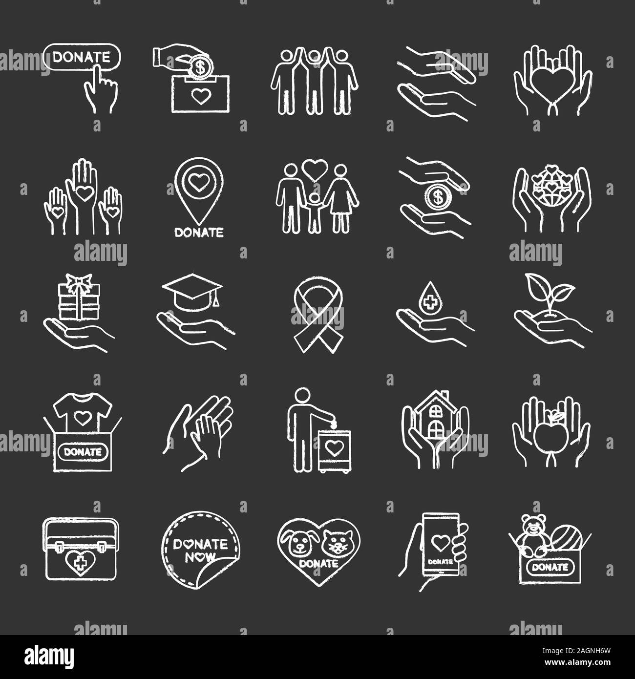 Charity chalk icons set. Donation. Fundraising, helping hands ...